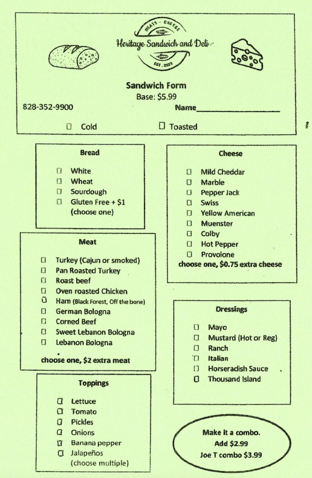 Menu – Heritage Sandwich