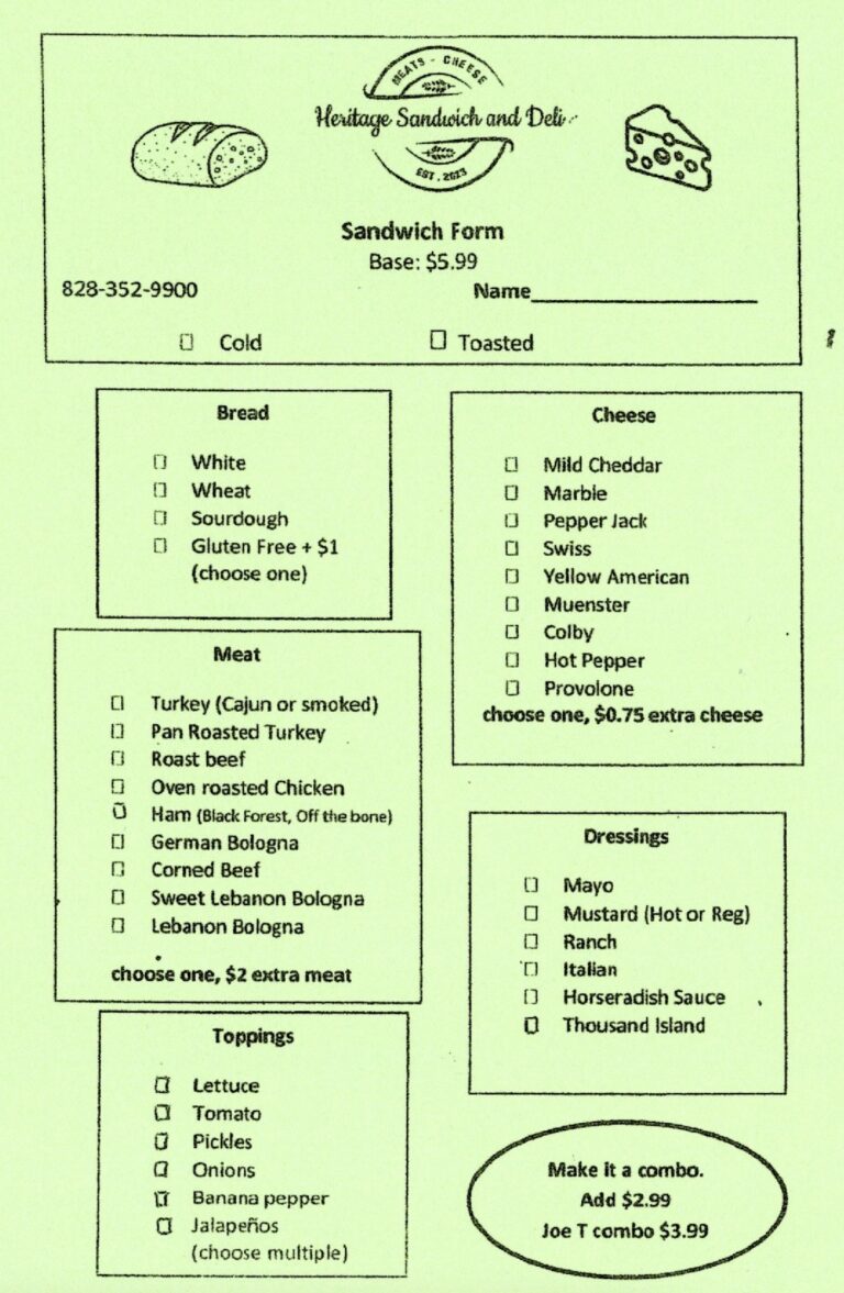 Menu – Heritage Sandwich